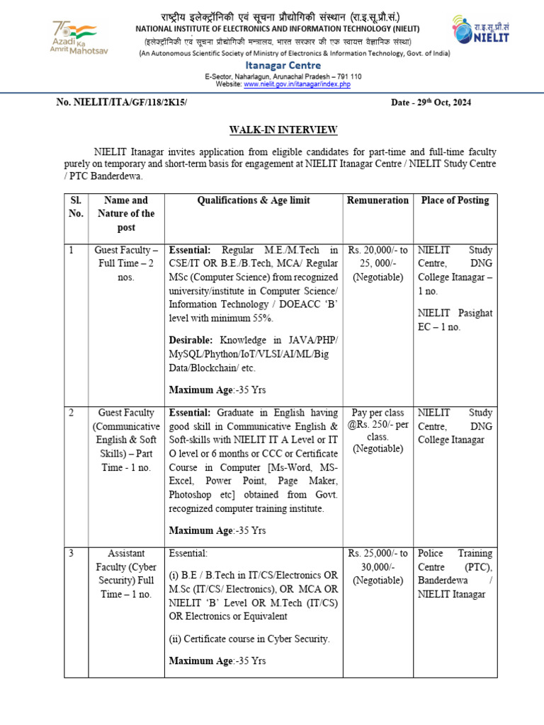 NIELIT Itanagar Walk-In Interview Notice | PDF | Engineering