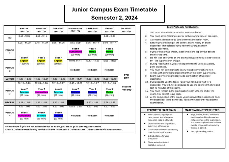 Junior Campus Exam Timetable - Semester 2 2024 | PDF