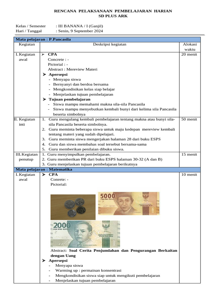 RPPH Kelas 3 Banana 9-14 September 2024 | PDF