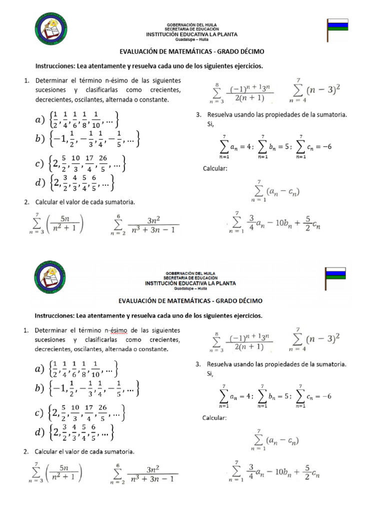 Evaluación de Matemáticas - Grado Décimo | PDF