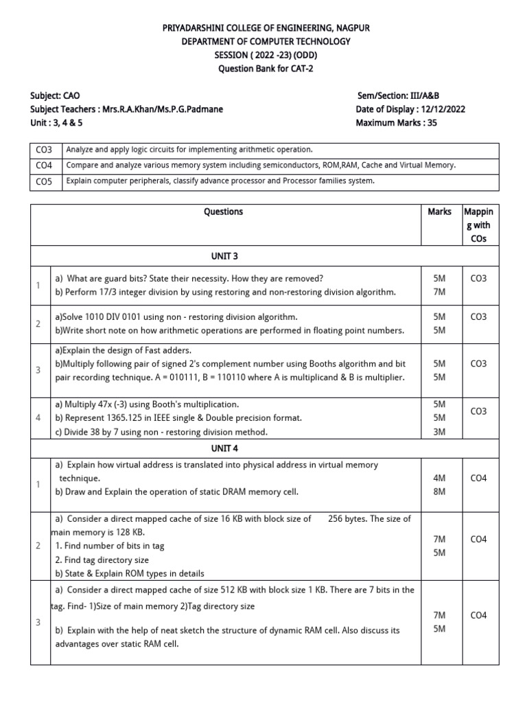 CAT2 QB CAO 2022-23 Updated | PDF | Cpu Cache | Computer Memory
