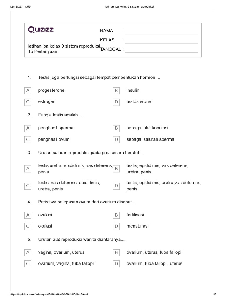 Latihan Ipa Kelas 9 Sistem Reproduksi | PDF
