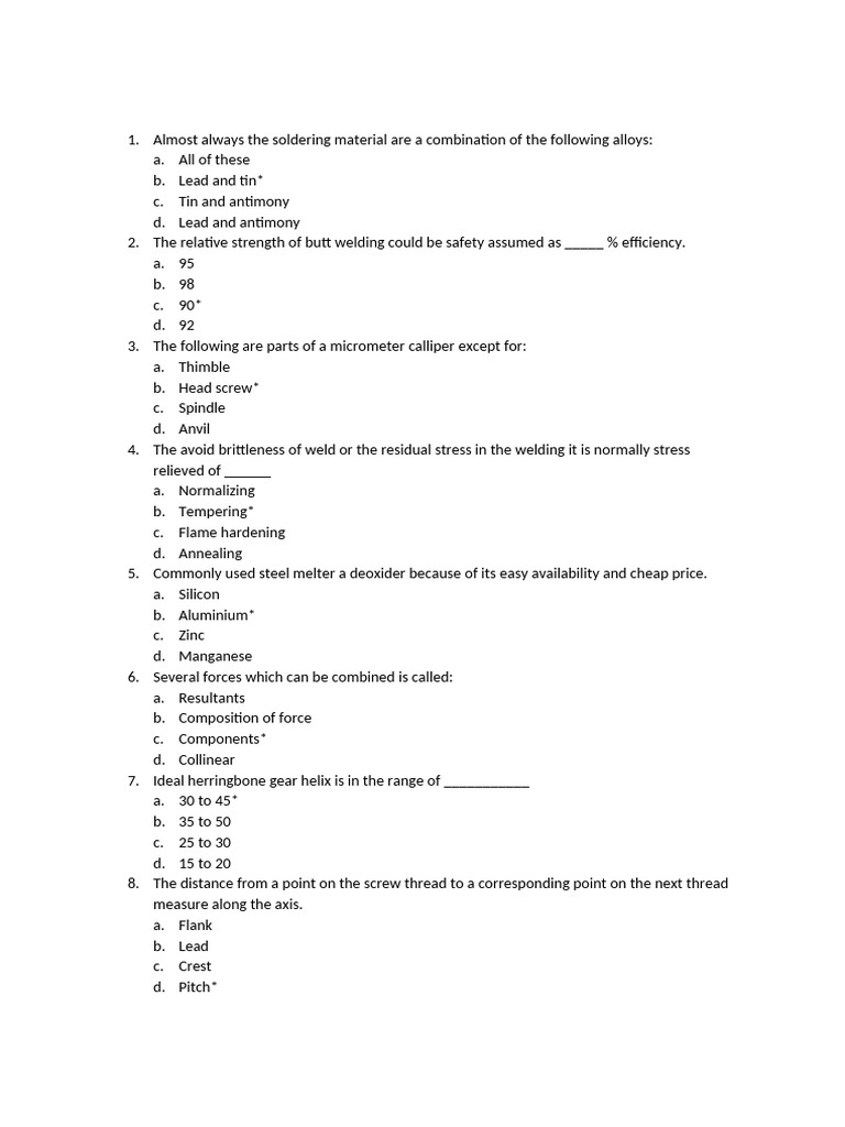 Soldering and Welding Material Quiz | PDF | Steel | Screw