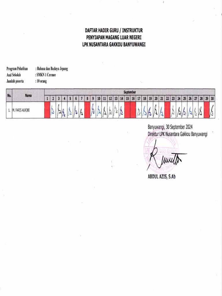 Absensi Instruktur September | PDF