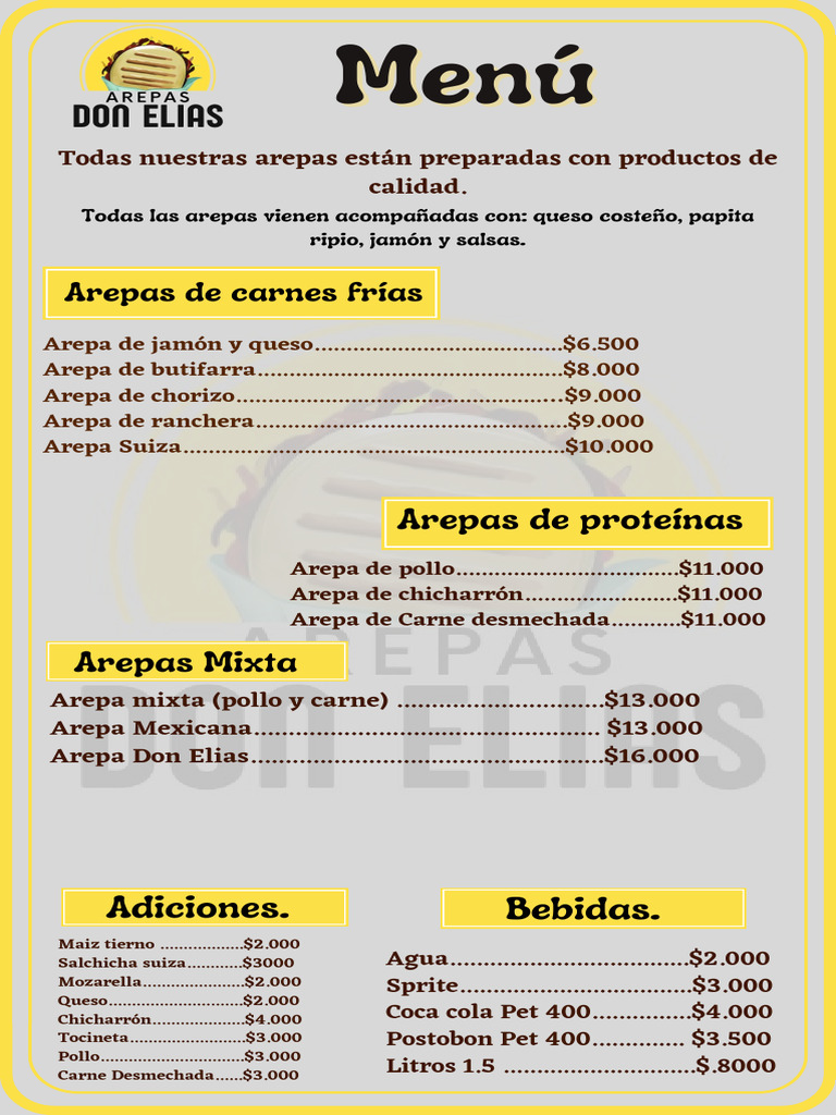 Menú de Arepas y Bebidas Variadas | PDF