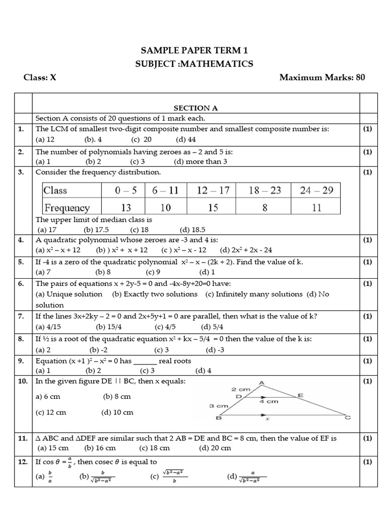 Sample Papaer Tem 1 Maths | PDF | Numbers | Polynomial