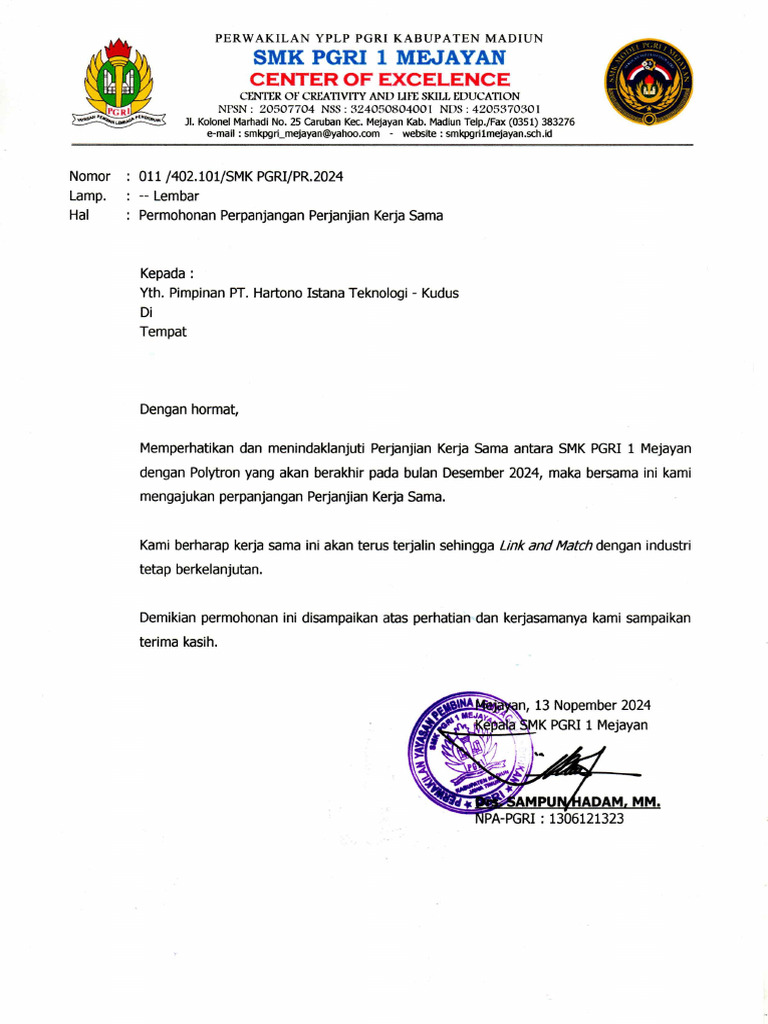 SMK PGRI 1 Mejayan - Surat Permohonan Perpanjangan PKS | PDF
