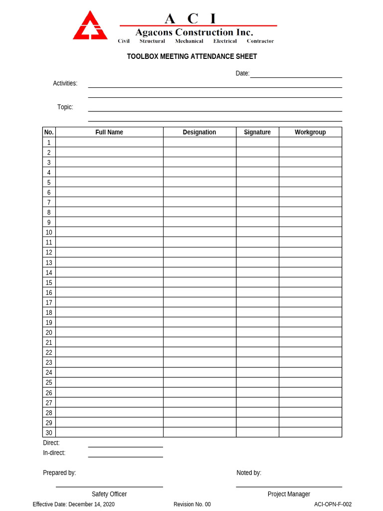 ACI-OPN-F-002 - Toolbox Meeting Attendance Sheet | PDF