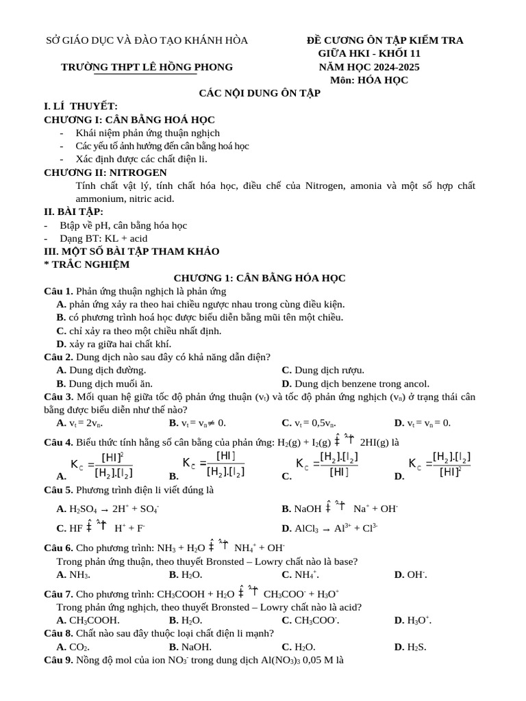 De Cuong KT Giua HK1 - Hoa 11 (24-25) - HS | PDF