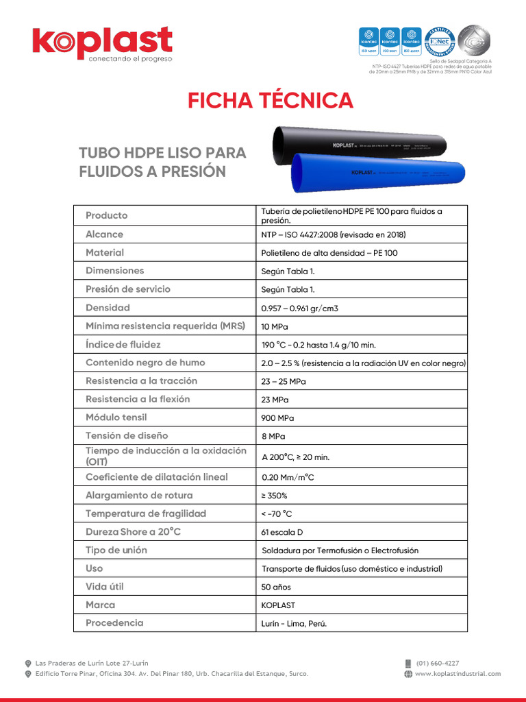 Ficha Tecnica - Tuberia Hdpe Liso para Redes de Agua Potable - Ntp-Iso 4427 | PDF