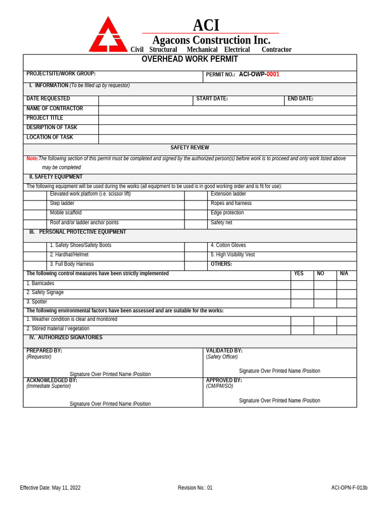 ACI-OPN-F-013b - Overhead Work Permit Rev.01 | PDF