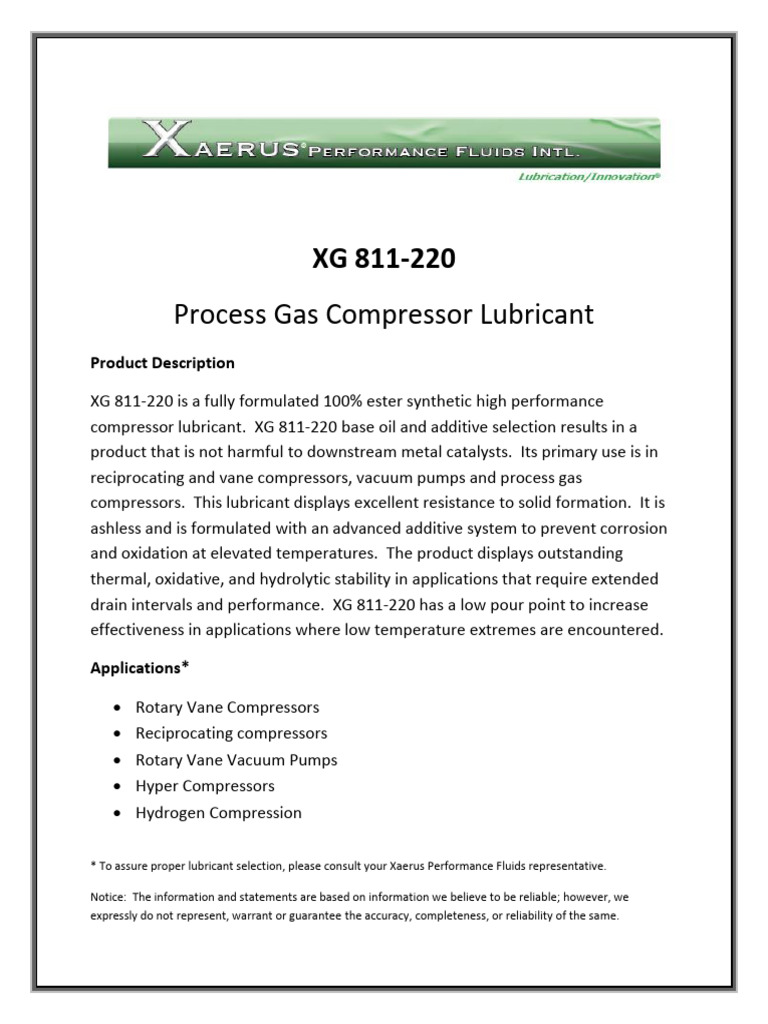 Xaerus Product Data Sheet XG 811-220 | PDF | Lubricant | Pump