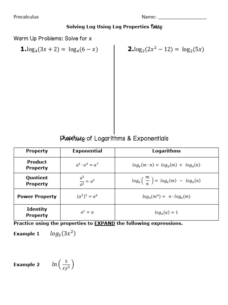 Day 5 Solving Logs Using Log Properties | PDF | Logarithm | Exponential ...