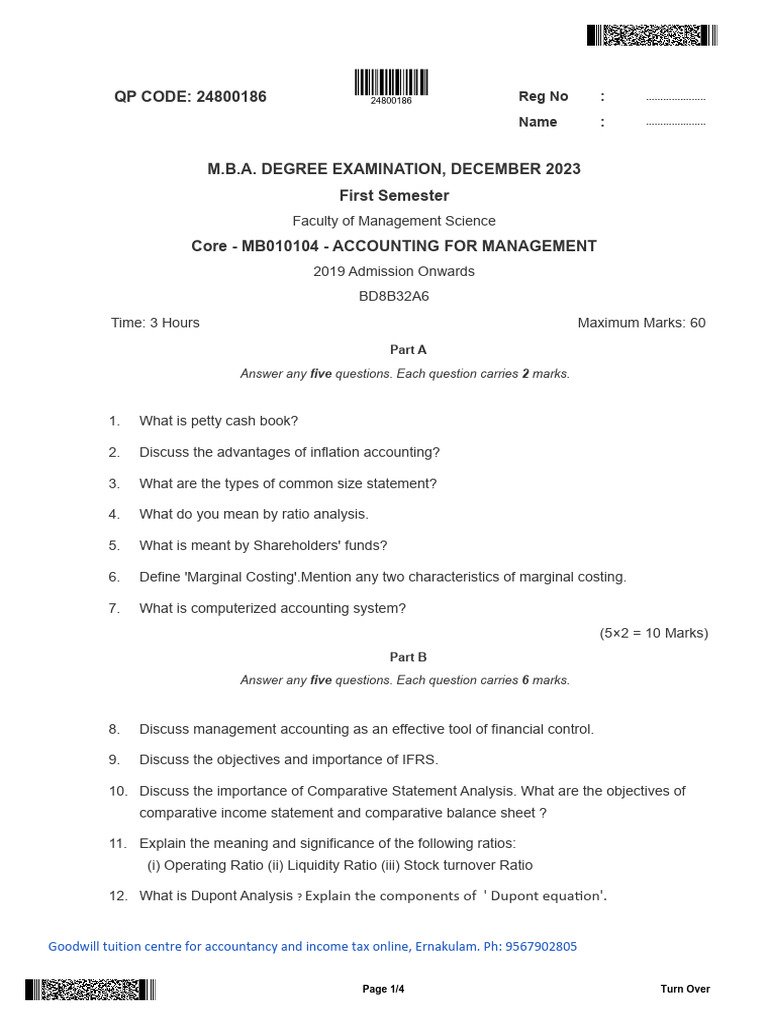 MBA QUESTION PAPER MGU Dec 2023 | PDF | Debits And Credits | Money