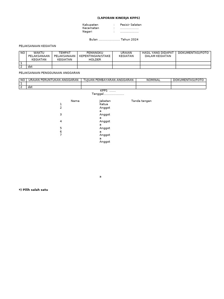 Format Laporan Kinerja KPPS | PDF