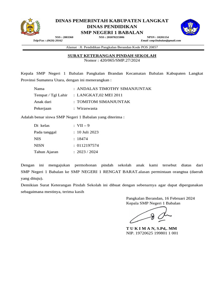 Surat Pindah Keluar Siswa | PDF