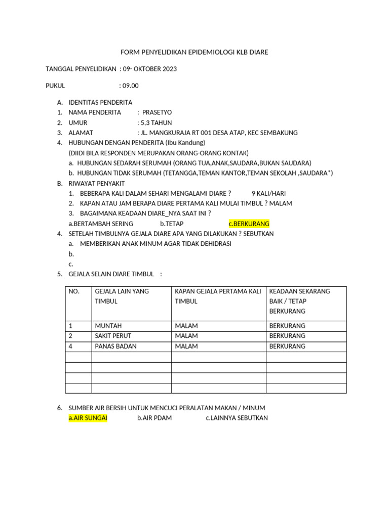 Form Penyelidikan Epidemiologi KLB DIARE | PDF | Kesehatan Holistik