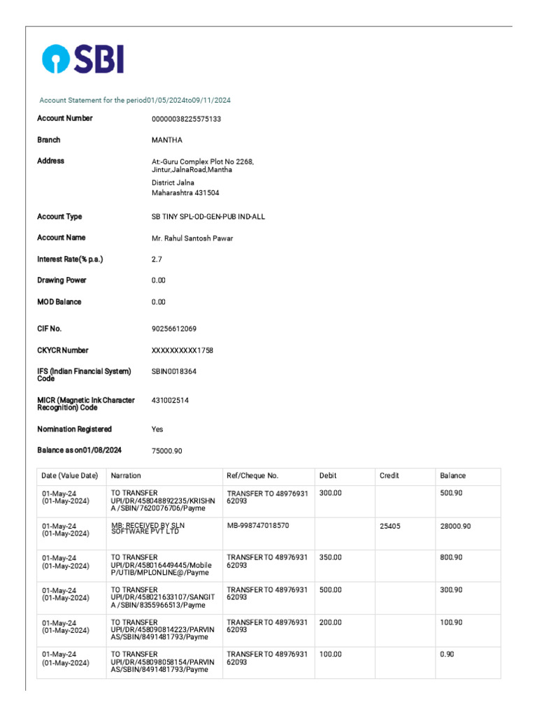 SBI STATEMENT 01 - 05 - 24 To 09 - 11 - 2413-Nov-09-22-33 | PDF ...