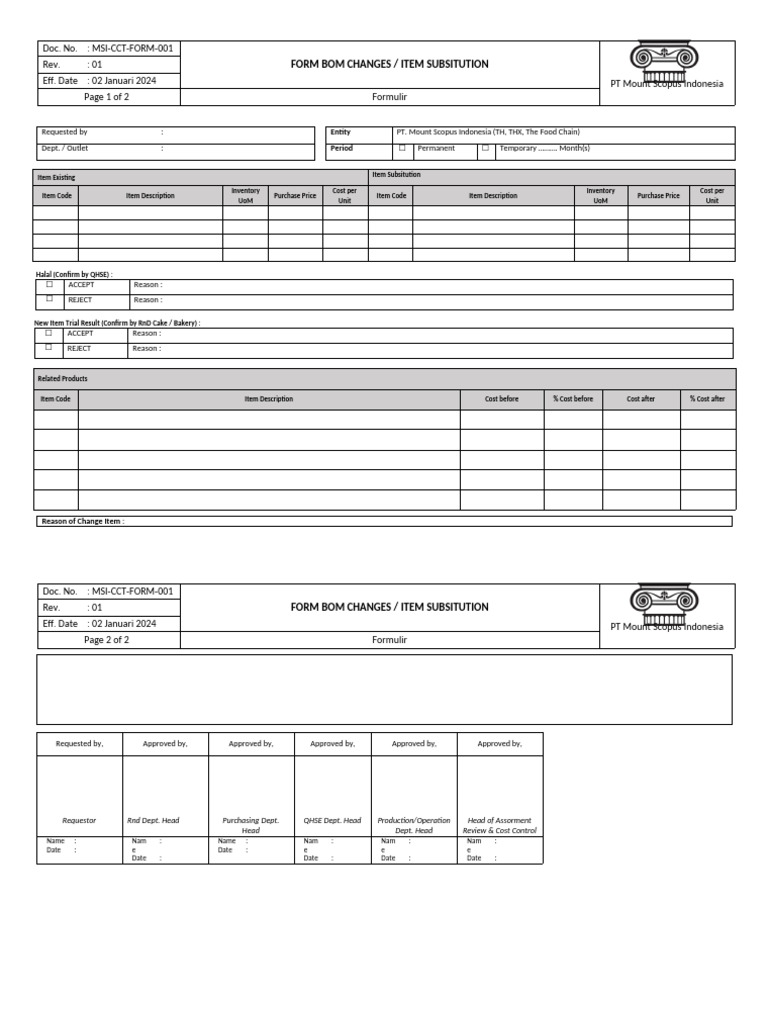 MSI-CCT-FORM-001 Form BOM Changes & Item Subsitution | PDF | Business ...