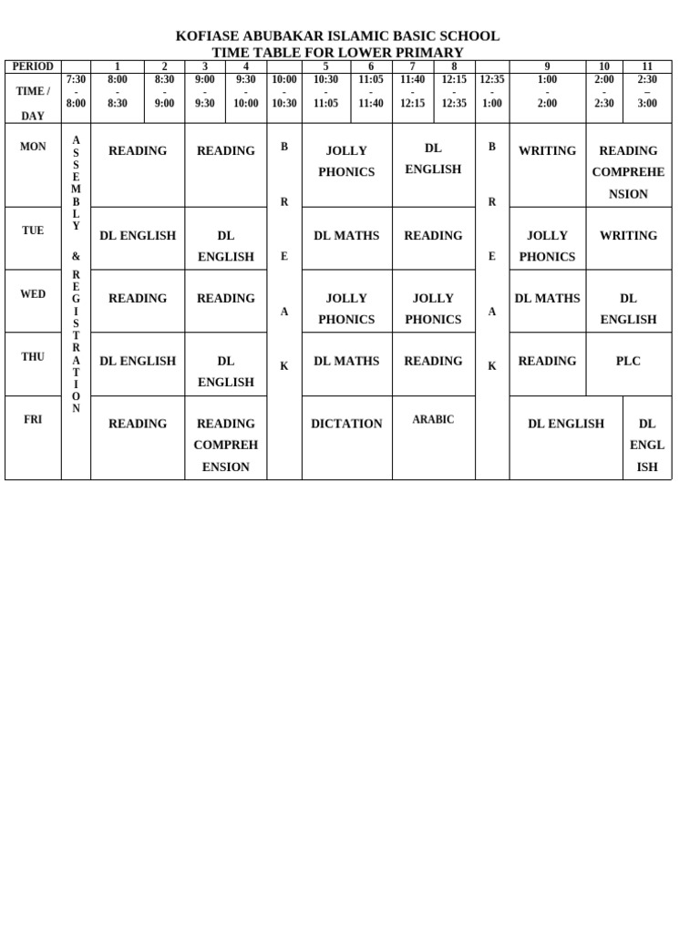 Primary Time Table - For DL - 042810 - 080614 | PDF | Reading (Process ...