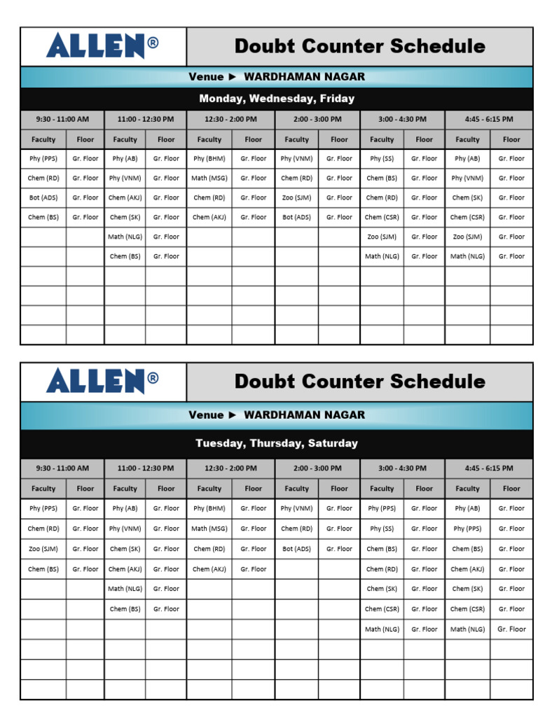Allen: Doubt Counter Schedule | PDF