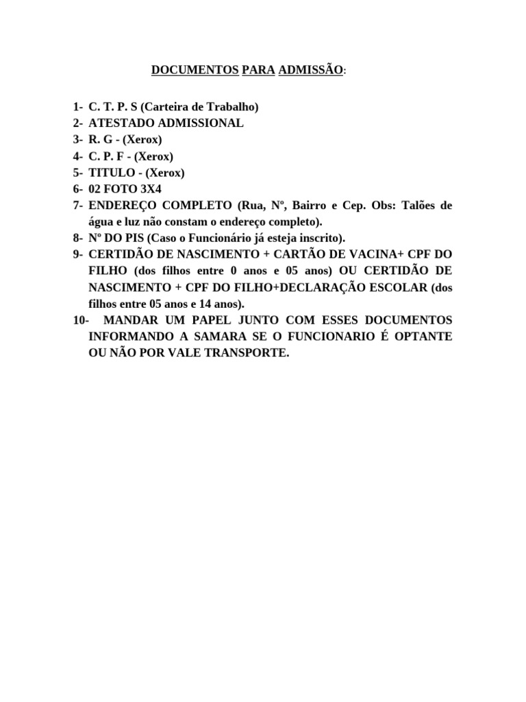 Documentos para Admissão | PDF