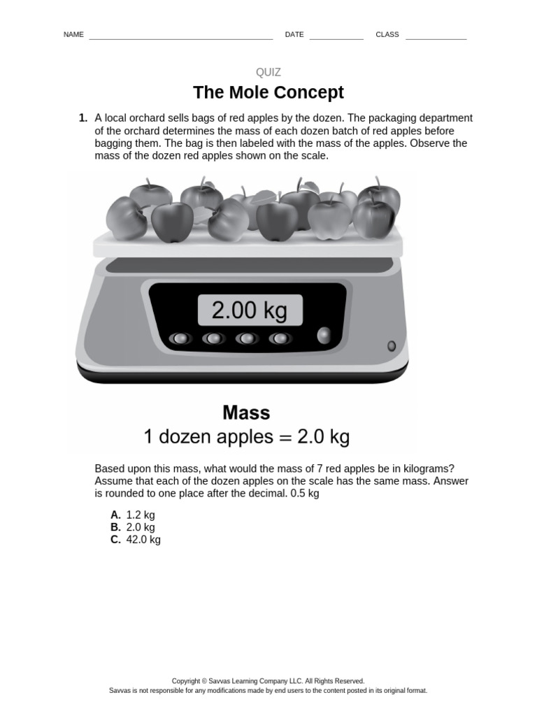QUIZ mole concept (1) | PDF | Mole (Unit) | Metrology