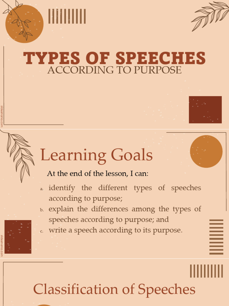 Types of Speeches by Purpose Explained | PDF | Public Speaking | Persuasion