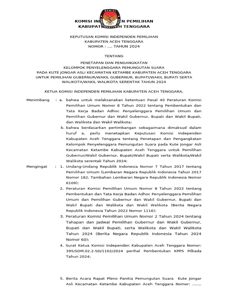 CONTOH FORM SK PENETAPAN KPPS Pilkada 2024 | PDF