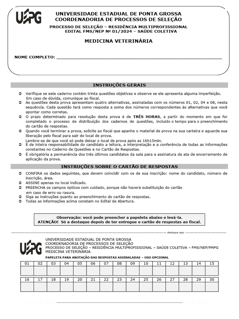 Prova Residência Multiprofissional em Saúde Coletiva 2025 Uepg | PDF