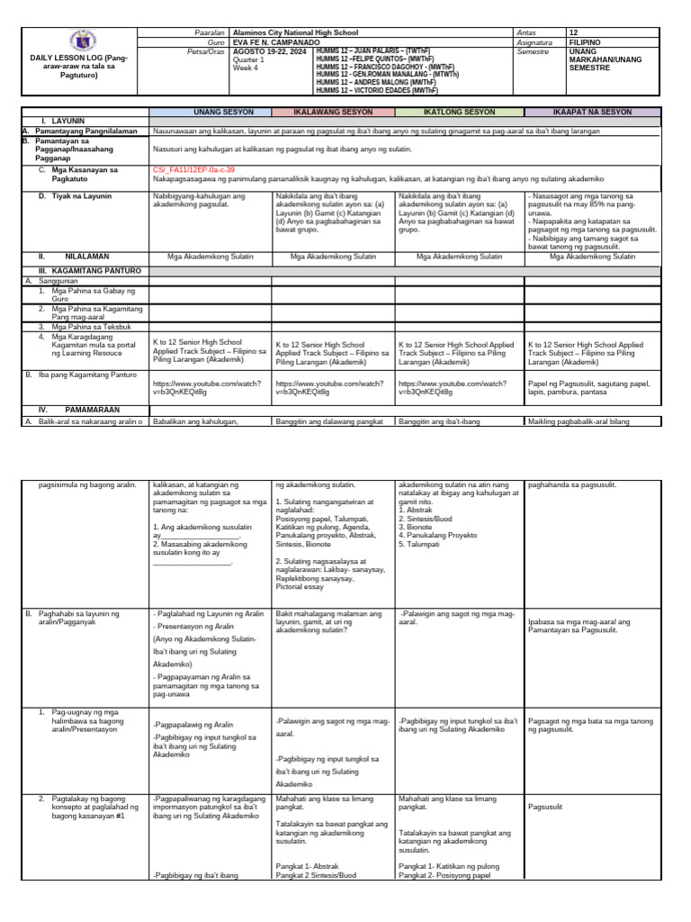 DLL Filipino 12 W4 | PDF