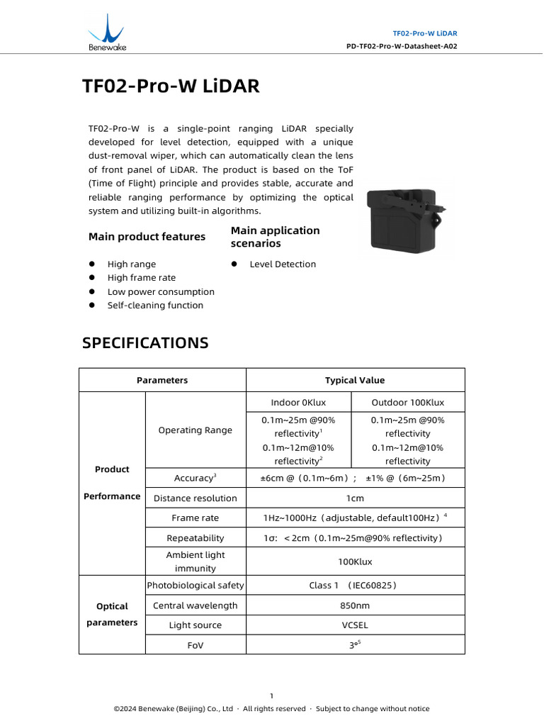 TF02-Pro-W Datasheet | PDF | Lidar | Optics