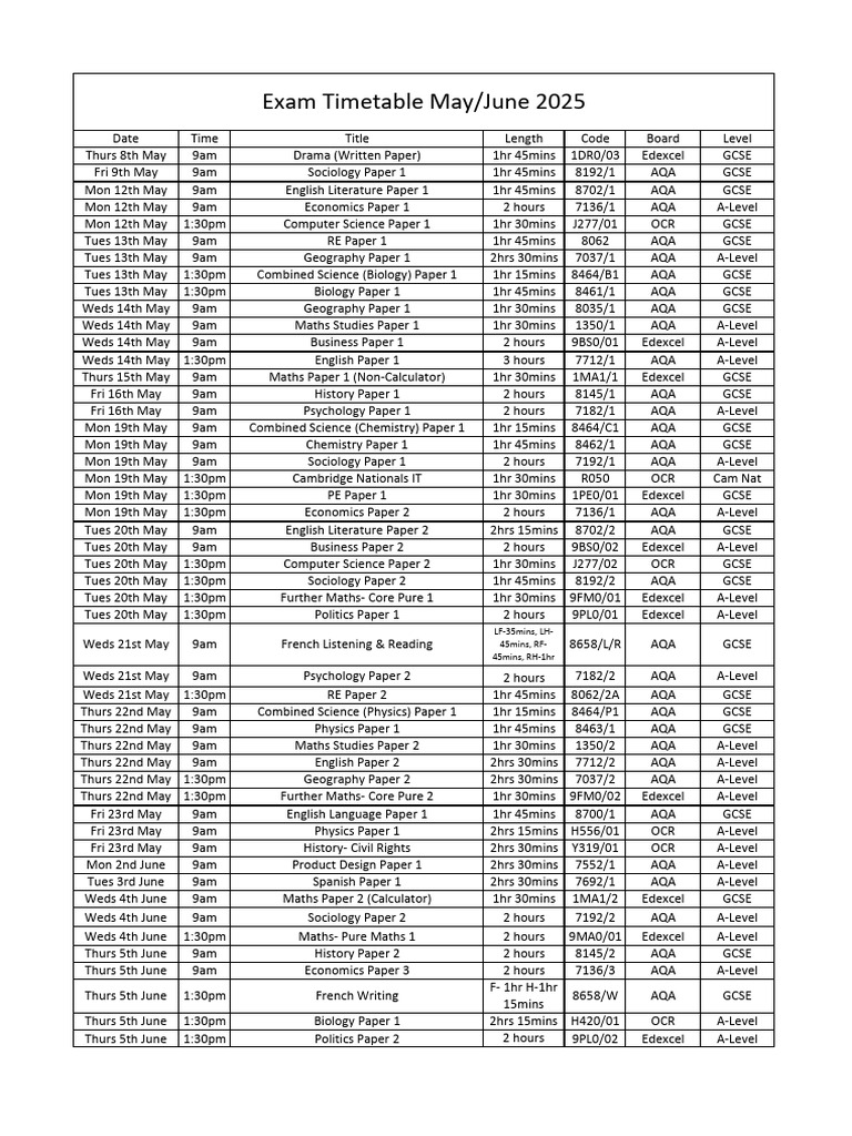 May/June 2025 Exam Timetable | PDF | Gce Advanced Level (United Kingdom ...