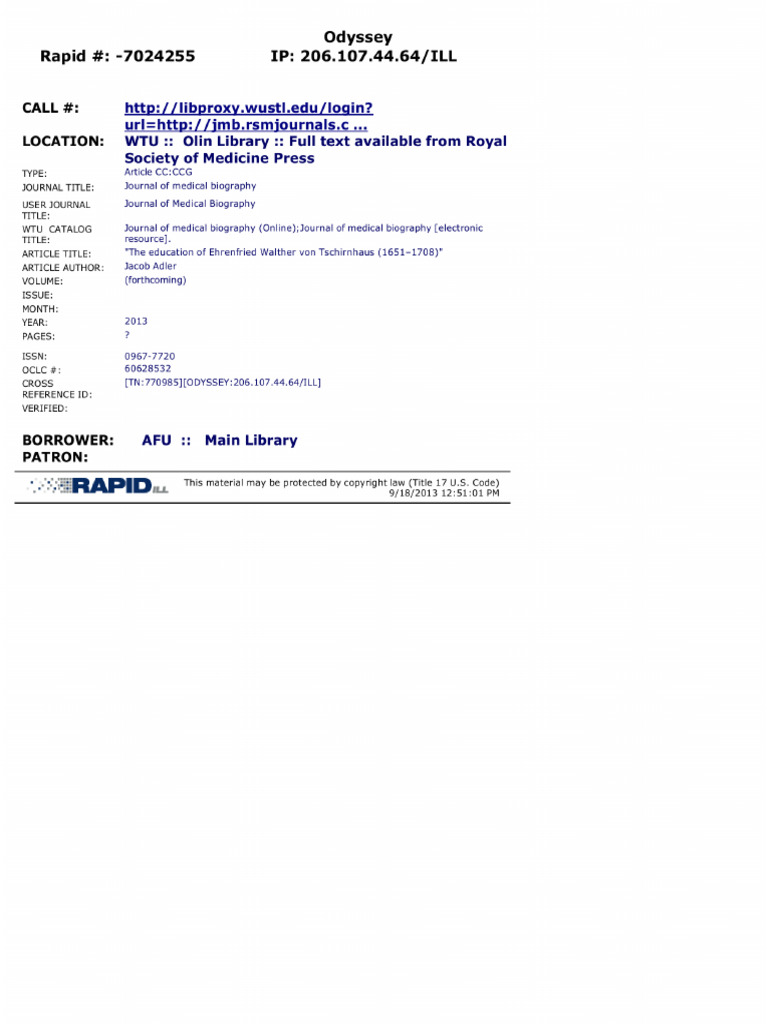 Jacob Adler - Education of E. W. Von Tschirnhaus - As Published | PDF