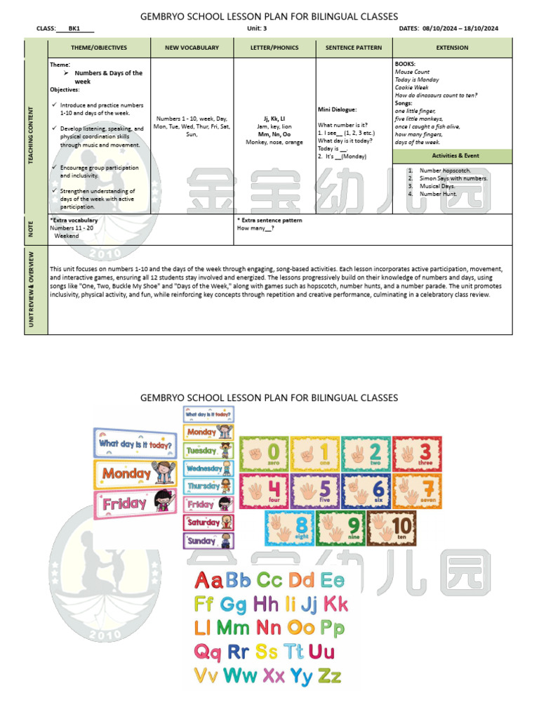 Bilingual Lesson Plan: Numbers & Days | PDF | Psycholinguistics | Behavior Modification
