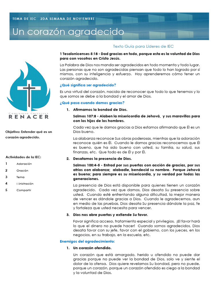 Tema IEC Noviembre 2 - Un Corazón Agradecido | PDF | Oración | Salvación
