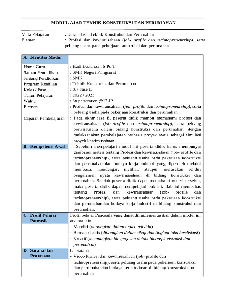 3 Modul Ajar BKP Elemen 3 Profesi Dan Kewirausahaan | PDF