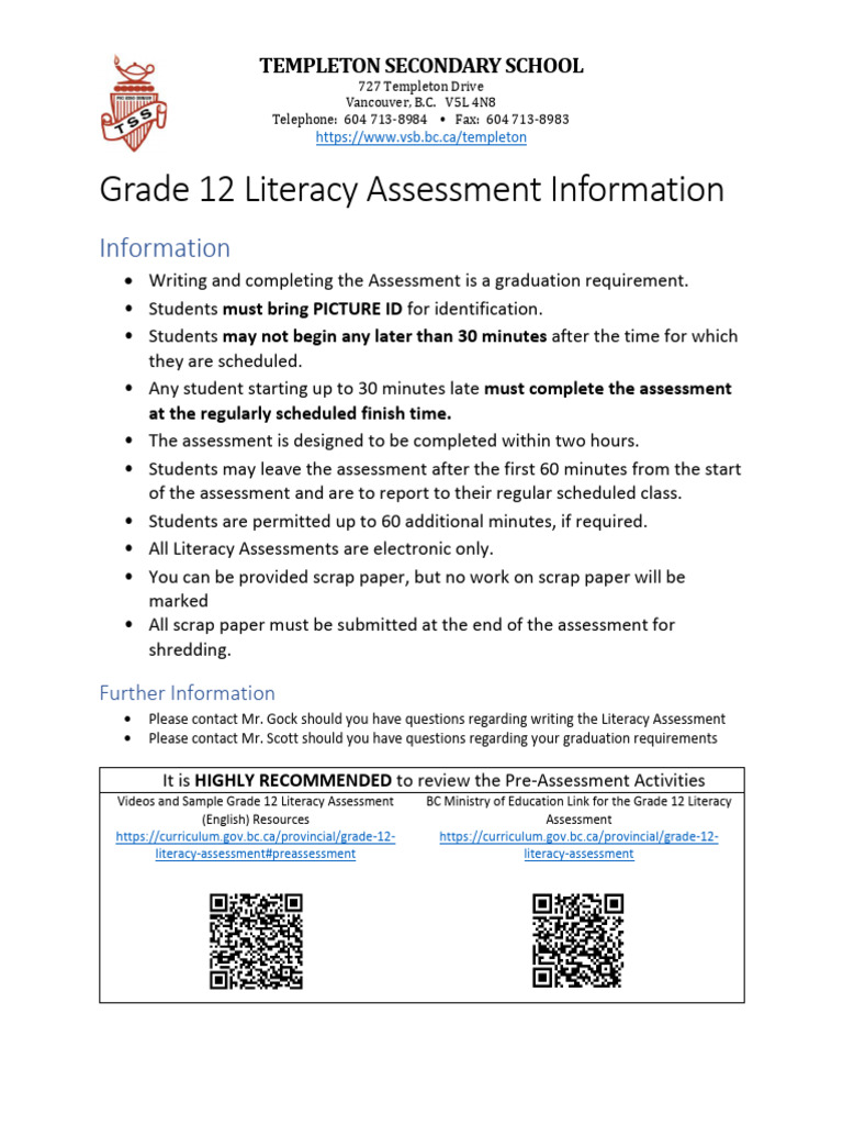 Grade 12 Literacy Assessment (Oct-Nov 2024) Information (Student) (For ...