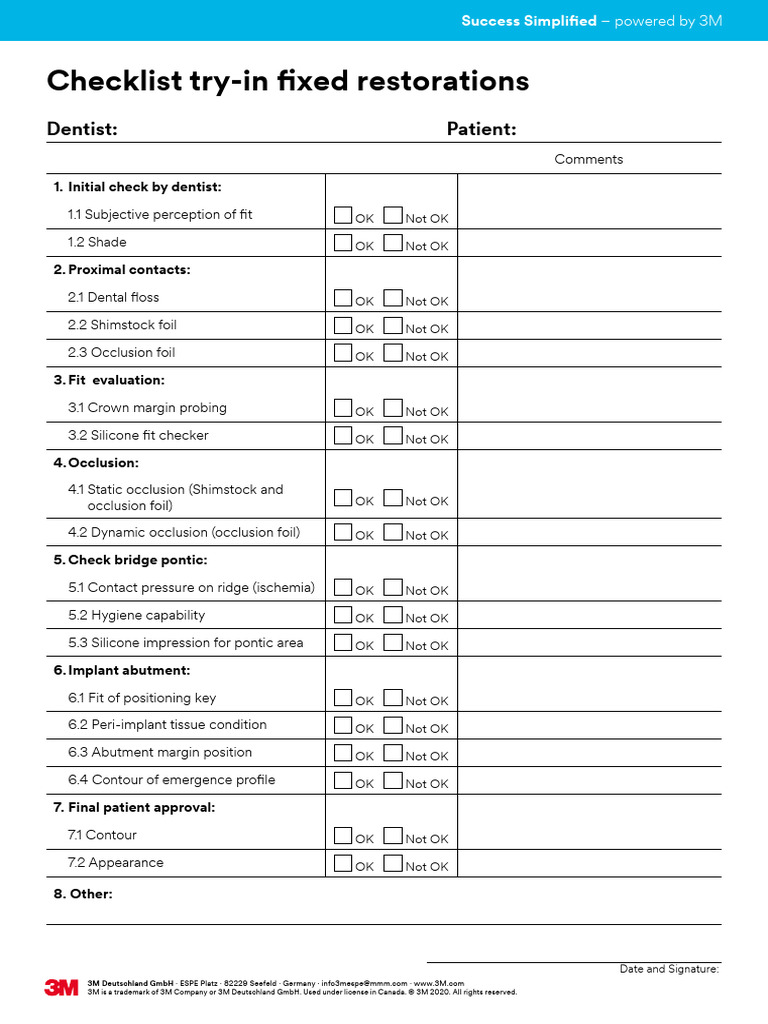 Success Simplified Checklist Try-In Fixed Restorations - Editable | PDF ...