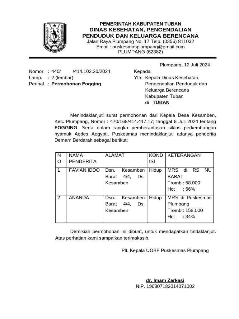 Permohonan Fogging Puskesmas Tuban | PDF | Pengembangan Diri ...
