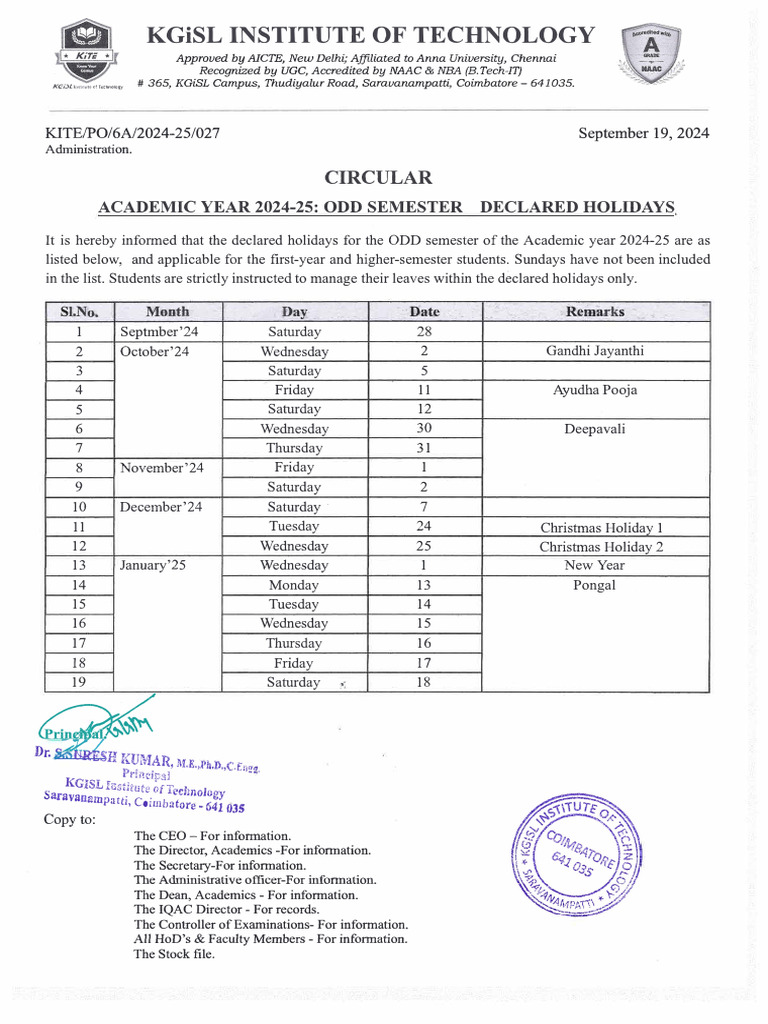 Circular # 027-Ay 2024-25 - Declared Holidays List Odd Semester ...