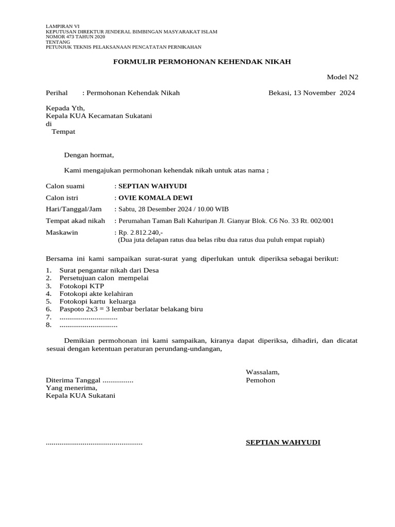 N2 Formulir Permohonan Kehendak Nikah | PDF