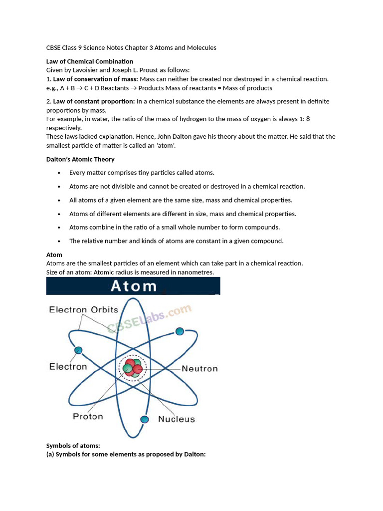 CBSE Class 9 Science Notes Chapter 3 Atoms and Molecules | PDF | Ion ...