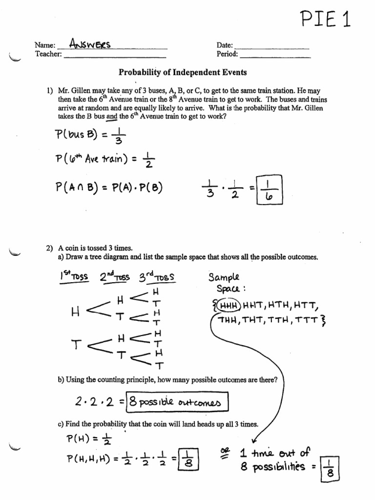 Probability of Independent Events - Worksheet - PIE1 - Answers PDF | PDF | Probability | Applied ...