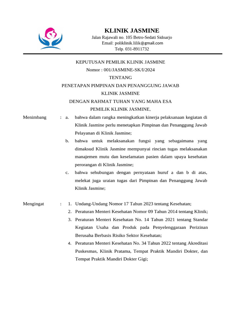 TKK 1 Ep 1 SK Pimpinan Dan Penanggung Jawab Klinik | PDF | Bisnis | Sains & Matematika