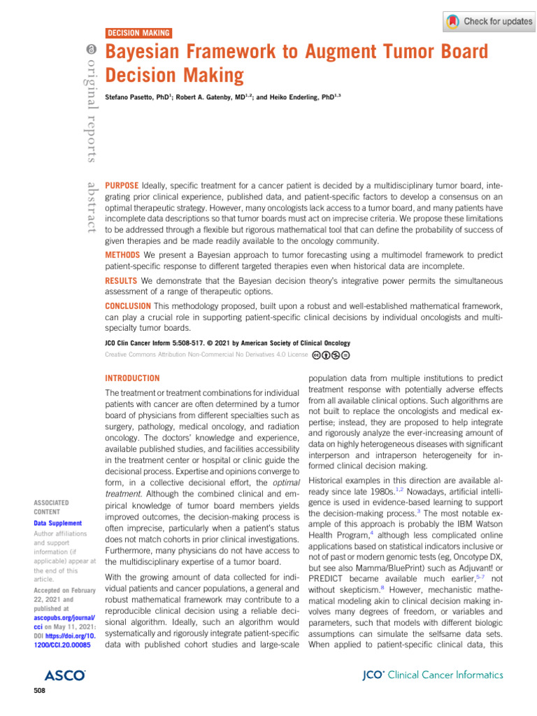 Enderling Et Al 2021 Bayesian Framework To Augment Tumor Board Decision Making | PDF | Bayesian ...