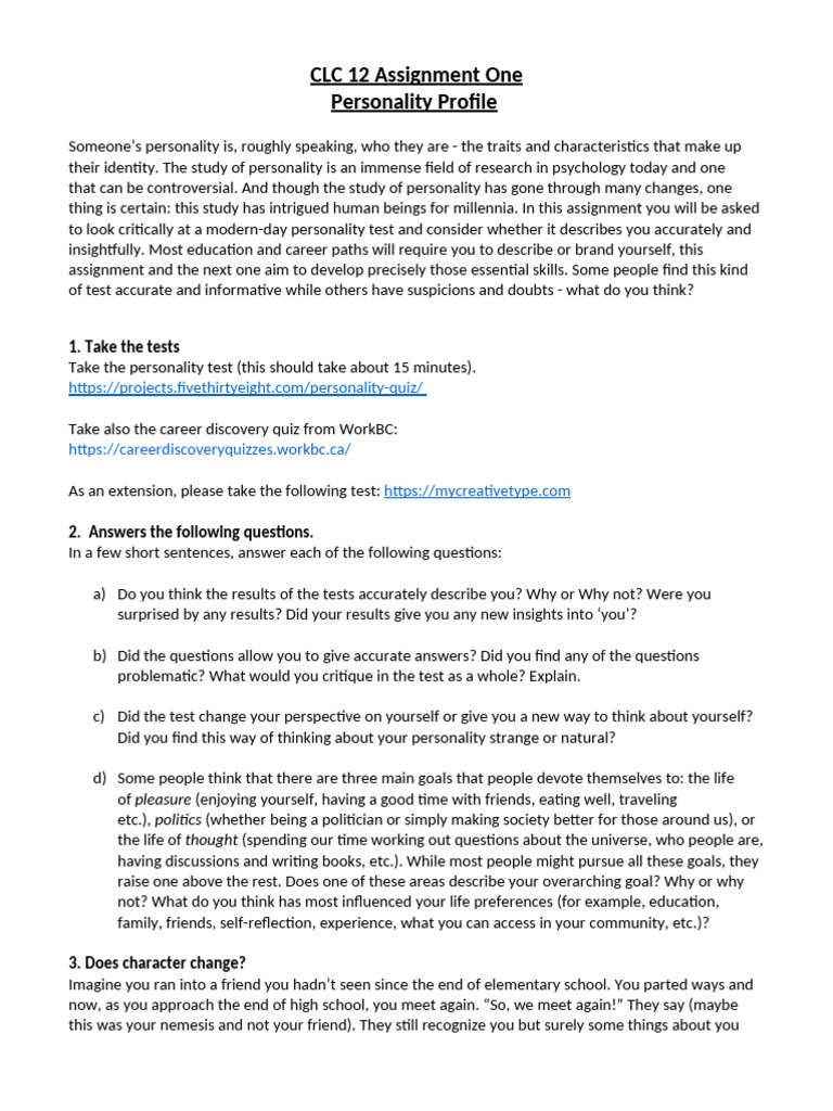 CLC 12 Assignment 01 - Personality Profile 2024-2025 (For Counsellors ...