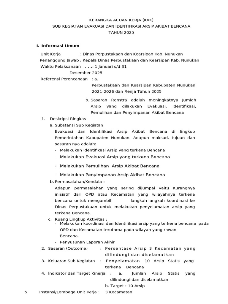 1b. KAK Evakuasi Dan Identifikasi Arsip Akibat Bencana | PDF | Seni