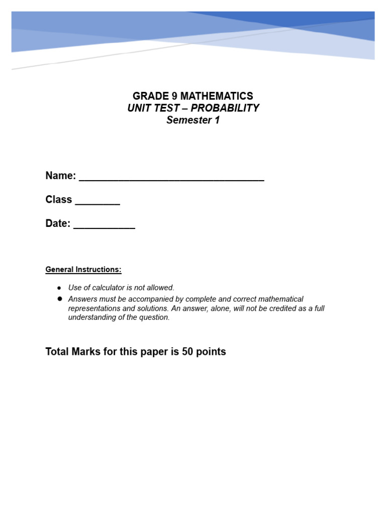 Grade 9 Probability Unit Test | PDF | Teaching Methods & Materials