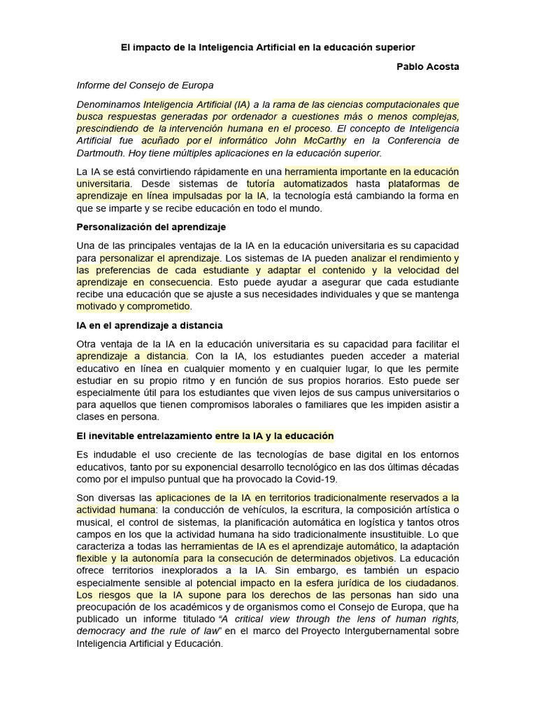 Impacto de la IA en la educación superior | PDF | Inteligencia ...